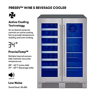 Zephyr Presrv 24 Inch Wine Fridge & Beverage Refrigerator Dual Zone Under Counter - Wine Cooler Cellars Small Beer Fridge Cabinet Drink Chiller Freestanding with French Glass Door 21 Bottles, 64 Cans