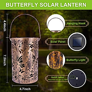 Outdoor Solar Lanterns, 2 Pack Retro Butterfly Hanging Lights Metal Outdoor Lantern Waterproof Decor Garden Lights for Patio, Pathway, Tree, Porch