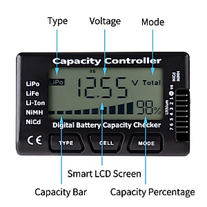 Digital Battery Capacity Tester, Battery Capacity Voltage Checker Controller Tester with LCD for LiPo Life Li-ion NiMH Battery