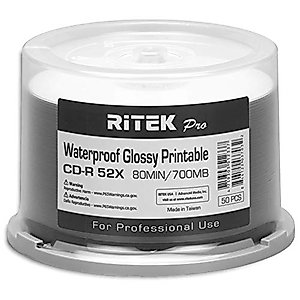 100 Pack Ritek Pro CD-R 52X 700MB 80Min Professional Grade Watershield Water Resistant Glossy White Inkjet Hub Printable Blank Recordable Disc