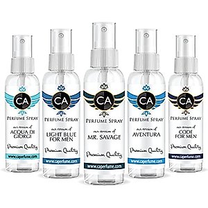 CA Perfume Best Spring Men Set Impression of ( Light Blue + Mr.Savage + Code + Aventura + Aqua Di Giorgi ) Fragrance Sample Travel Size Parfum Sprayer ( 2 Fl Oz/60 ml) x 5
