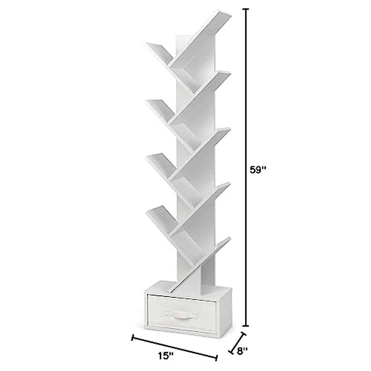 Giantex Tree Bookshelf with Drawer, 10 Shelf Space Saving White Wooden Bookcase, Freestanding Retro Wood Storage Rack, Decorative Bookshelf with Storage
