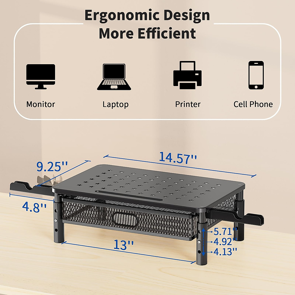 Zimilar Monitor Stand Riser with Metal Drawer, 3 Height Adjustable Monitor Riser with Phone Holder for Computer, Laptop, Premium Metal Computer Monitor Stand with Storage for 2 Monitors