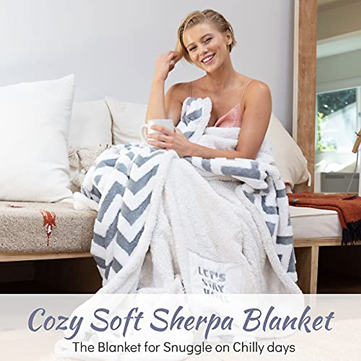 Ailemei Sherpa Fleece Blanket with Creative Embroidered Words Patch, King Size Reversible Fuzzy Soft Fluffy Huge Bed Blankets for Winter, Grey Chevron (Let's Stay Home)