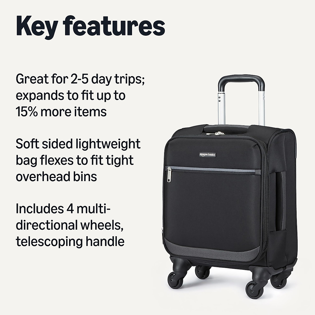 Amazon Basics Luggage, 18" Small Carry-On Softside Suitcase With Wheels, With Four 360-Degree Multi-directional Spinner Wheels, Expandable Space, Zippered Pocket and Straps, Telescopic Handle, Black
