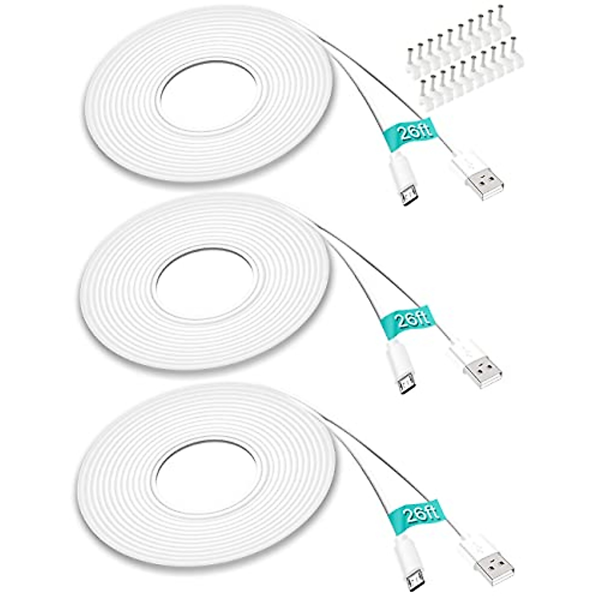 SIOCEN 3 Pack 26FT Micro USB Cable Power Extension Cord for Wyze Cam,WyzeCam Pan,YI Cam,YI Dome Home Camera,Kasa Cam,Oculus Go,Furbo Dog,Nest Cam,Blink,Long Charging Wire for Security Cameras