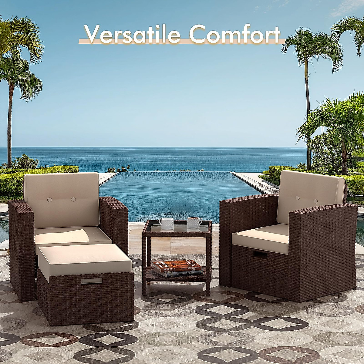 Super Patio 5 Piece Outdoor Furniture Set, PE Wicker Rattan Small Patio Set Balcony Furniture, Outdoor Sofa with Ottomans, Tempered Glass Side Table, Beige Cushions, for Porch, Deck, Poolside