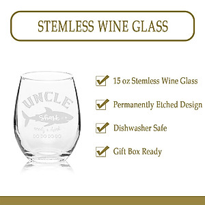 Veracco Uncle Shark Needs a Drink Stemless Wine Glass Funny Shark Gifts For Uncle Birthday Fathers Day (Clear, Glass)