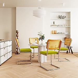 MeetLeisure Rattan Dining Chair Set of 2, Mid-Century Modern Chairs with Metal Chrome Legs, Armless Cane Back Chairs with Upholstered Cushion for Home Kitchen Dining Room, Matcha Green