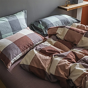NSNLGSGC Khaki Plaid Cotton Duvet Cover Set Twin, Rust Buffalo Checkered Washed Cotton Bedding Set,Caramel Plaid Durable & Breathable Comforter Cover Set(2PCS, Twin)