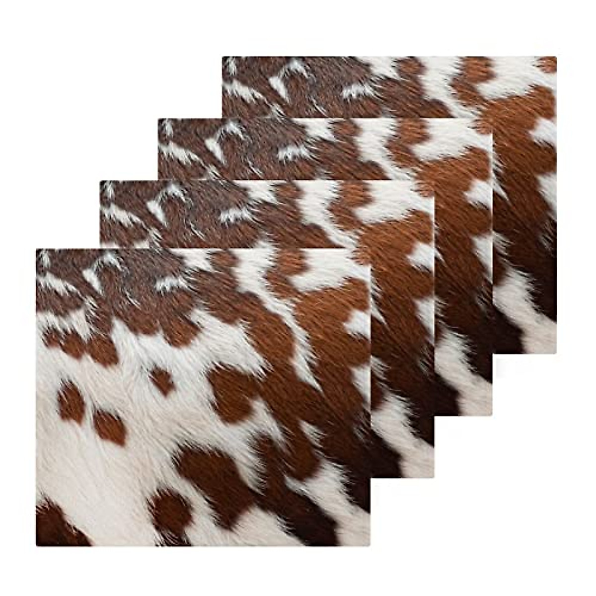 Cow Brown White Washcloth 12x12in Set, 4 Pack Absorbent Cotton Towel Square Kitchen Dishes Towels, Soft Cleaning Face Hand Towel Fast Drying