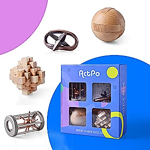 ActPo 4Pcs Wooden and Metal Puzzles Gift for Kids and Adult Educational Toys Office Toys 3D Unlock Interlock Assorted Brain Teasers Puzzles