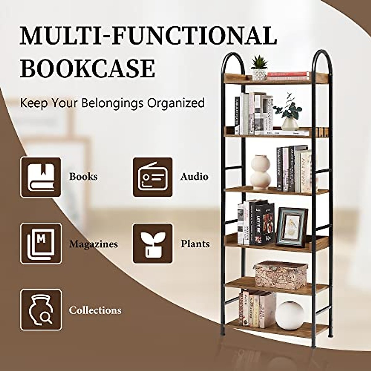 Merax 6 -Tier Tall Bookshelf Bookcase, Open Industrial Open Storage and Display Shelves with Hooks