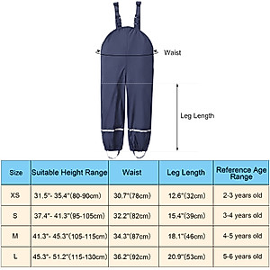 SSAWcasa Kids Rain Pants, Toddler Waterproof Little/Big Boys Girls Pants, Trail and Rain Splash Overalls, Mud Dirty Proof Rain Suspender Trousers (Black, S)