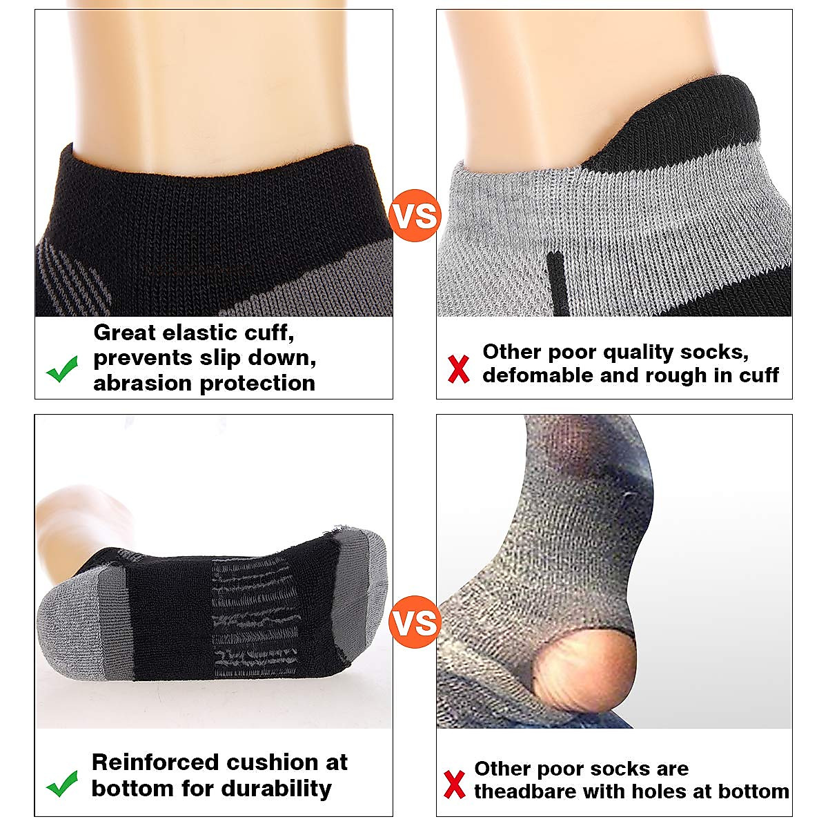 COOVAN Mens Ankle Athletic Socks Low Cut Cushioned Breathable Running Sports Socks 6 Pack