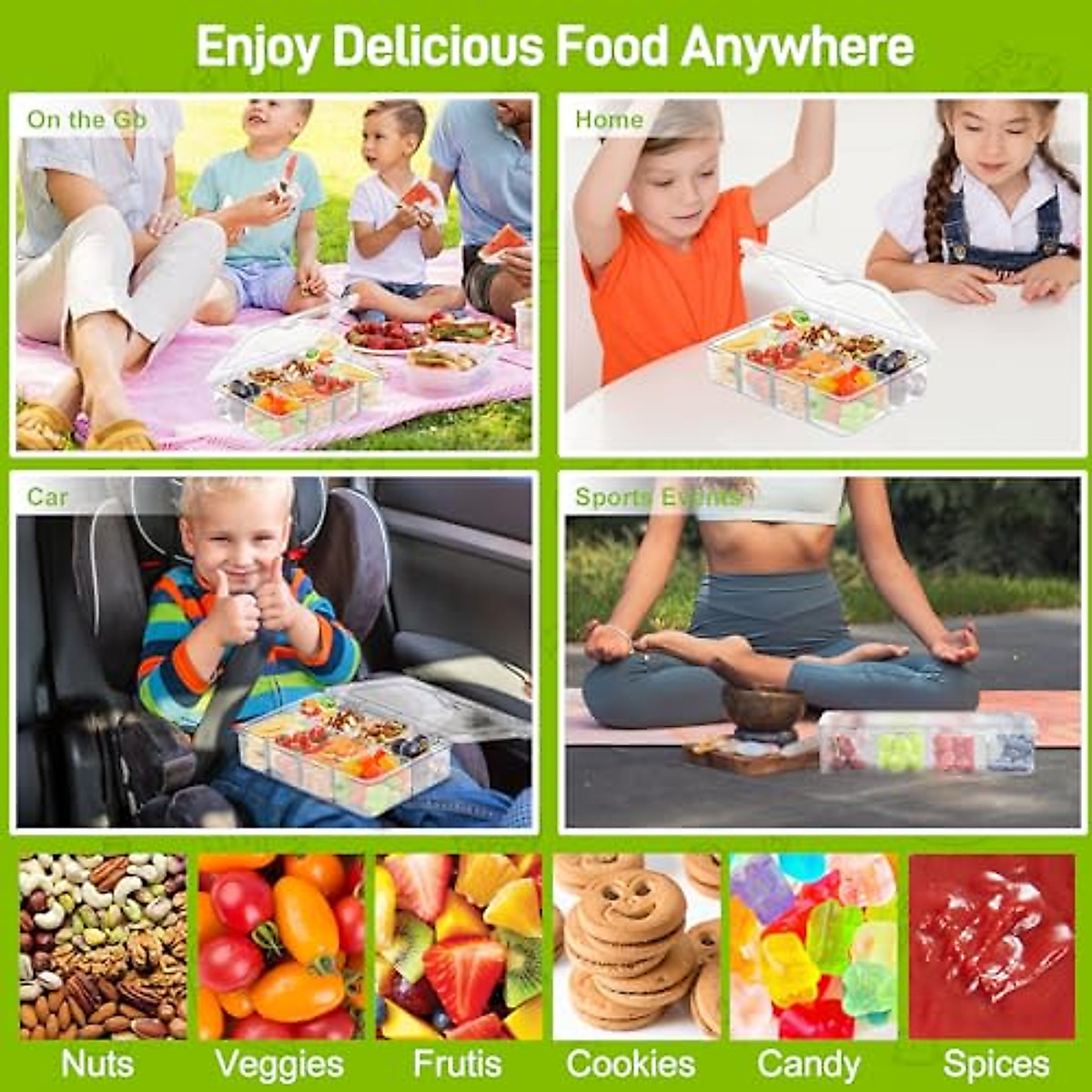 Snack Box Container, 2 Pcs Snackle Tray Adjustable 8 Compartments Divided Reusable Meal Prep Food Storage Containers Portable Snack Platters for School, Work, Travel, Picnics, Candy Organizer