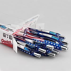 Pentel Gel Ink Pen, Retractable EnerGel Pen, (0.7mm) Metal Tip, Medium Point, Flag Barrel, Black Ink, 12 Pens (BL77USA-A)
