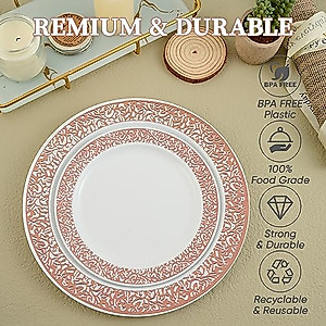 FOCUSLINE 102 pcs Rose Gold Plastic Party Plates Lace Design Disposable Plates Set, 51 Heavy Duty 10.25 Inch Dinner Plates and 51 7.5 Inch Dessert Plates
