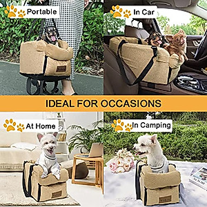 Yokee Dog Car Seat for Small Dogs-Pet Seats Dogs Up to 12 IB, Console Pet with Storage Pocket, Interactive Center Fit Single/Double Door Armrest, Khaki YG003-KK