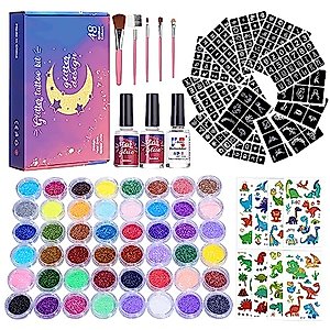 Glitter Tattoo for Kids, Glitter Tattoos 48 Colors, 318pcs Glitter Tattoo Stencils, 10 Sheets Tattoo Stickers Supply Sparkly Temporary Tattoos2 Glues,5 Brushes Adults & Kids Arts Glitter Make Up Kit ZYH2209001KIT
