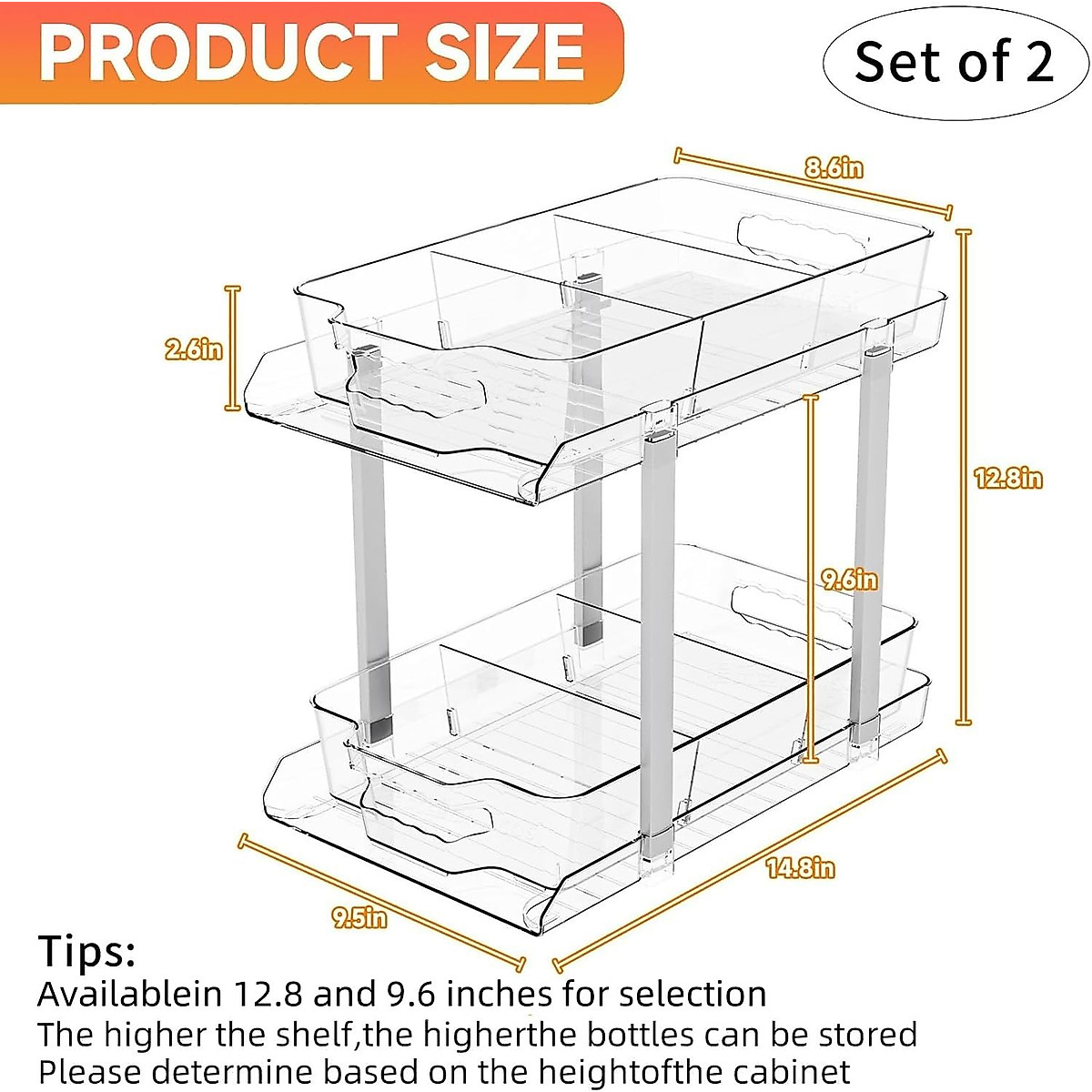 2 Pack Bathroom Cabinet Organizer,Clear 2 Tier Pull Out Under Sink Organizers and Storage,14.8 L*9.5 W*12.8 Tall Slide Out Kitchen Pantry Medicine Organization and Storage Shelves Bins with Dividers
