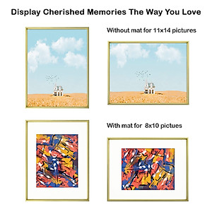 FOLKOR 11x14 Gold Picture Frame with Mat for 8x10, 11 by 14 Metal Frame with Stand, Tabletop or Wall Mounting, 11x14 Photo Frame for Posters/Prints/Landscape/Portrait/Gallery Wall Art (Gold, 1 Pack)