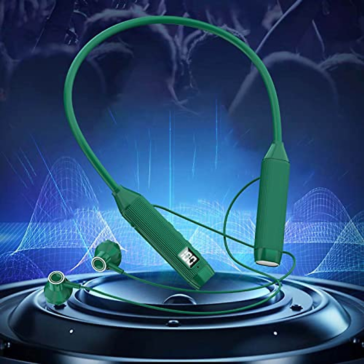 Sports Blue-Tooth Earphones, High-Power Neck-Mounted Earphones with LED Digital Display, Stereo Earbuds Bone-Conduction Earphone with Skin-Friendly Memory Silicone Collar, Super Battery Life (Green)