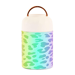 CUPADA Rainbow Leopard Skin Food Jar for Hot and Cold, Insulated Food Jars Vacuum 17OZ with Folding Spoon for Work Trip Picnic Camping