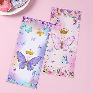 Purple Pink Butterfly Candy Bag - 100pcs Pink and Purple Gift Wrap Clear Gift Bags Candy Bags Cookie Bags Party Favor Bags for Bakery, Birthday, Wedding, Baby Shower Party Decoration