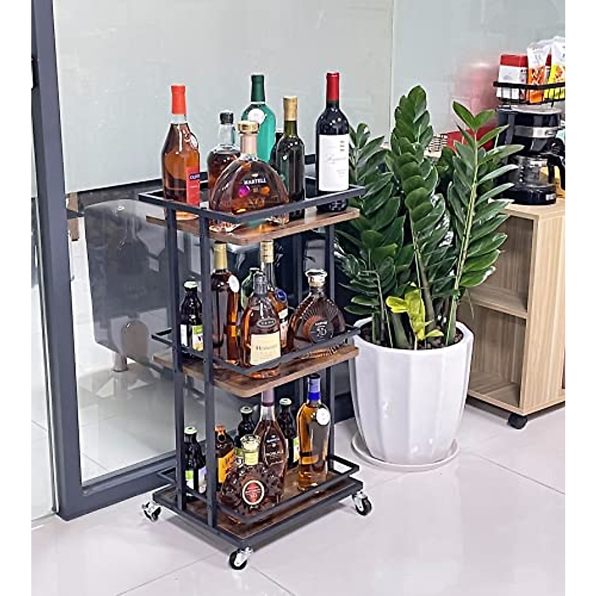 OKZEST 3 Tier Bar Cart for Home, Rolling Mini Liquor Bar for Wine Beverage Dinner Party, Utility Kitchen Storage Island Serving Cart on Wheels, Coffee Bar Cabinet for Kitchen Dining Living Room, Brown