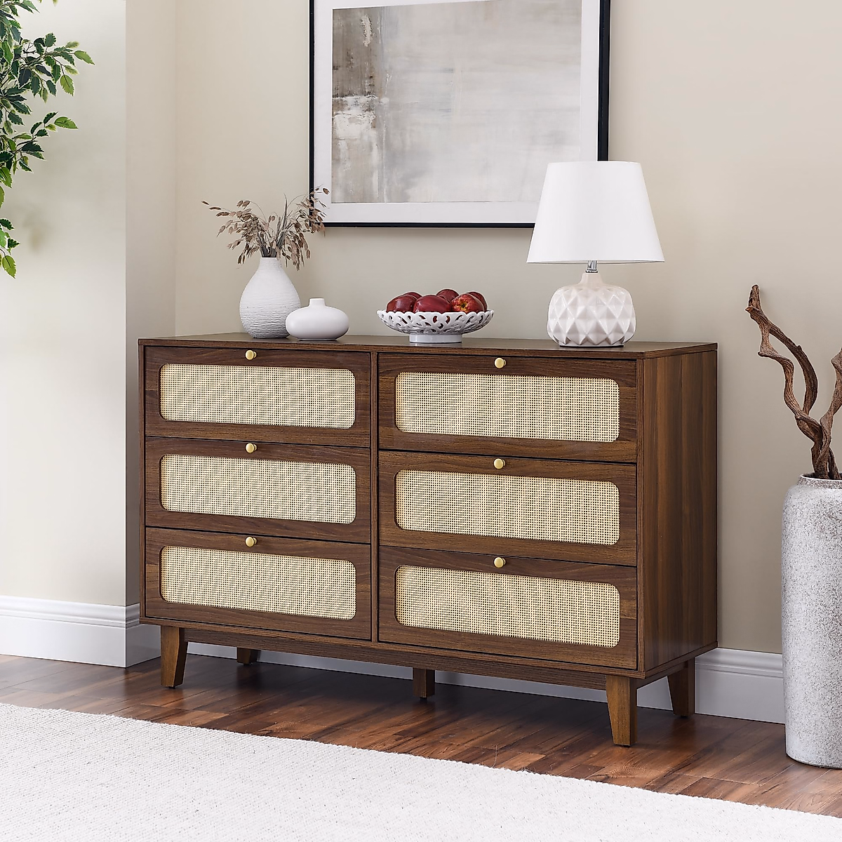 NicBex Rattan Dresser for Bedroom Chest of Drawers with 6 Drawers,Modern Cannage Rattan Wood Closet Chest of Drawers,Rattan Storage Dresser for Closet, Bedroom,Living Room,Hallway,Natural Walnut