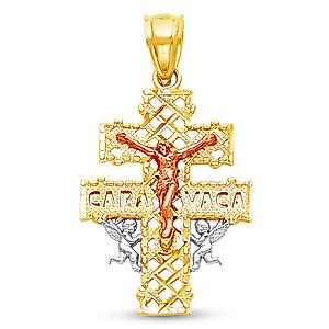 Sonia Jewels 14K Tri 3 Color Gold Milgrain Ornate Catholic Caravaca Crucifix Cross Charm Pendant with Cherub Angel (25x16 mm)