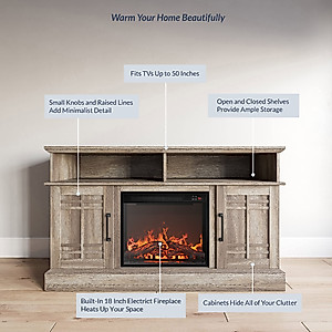 BELLEZE 48" TV Stand with 18" Electric Fireplace Heater, Modern TV Stand for TVs up to 50", Entertainment Media Stand with Open Shelves and Storage Cabinets for Living Room, Bedroom (Ashland Pine)