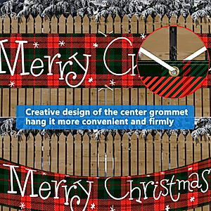 Large Merry Christmas Banner Xmas Outdoor Decorations Double Printed Green Red Buffalo Plaid Trees 120" x 20" Huge Yard Sign Holiday Party Supplies Backdrop Home Decor Ornaments for Garden House Fence Garage Indoor Gifts