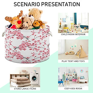 SUABO Large Pink Storage Basket, Cherry Blossoms Laundry Hamper Collapsible Hamper Bin with Handle, Laundry Baskets for Clothes, 20x14