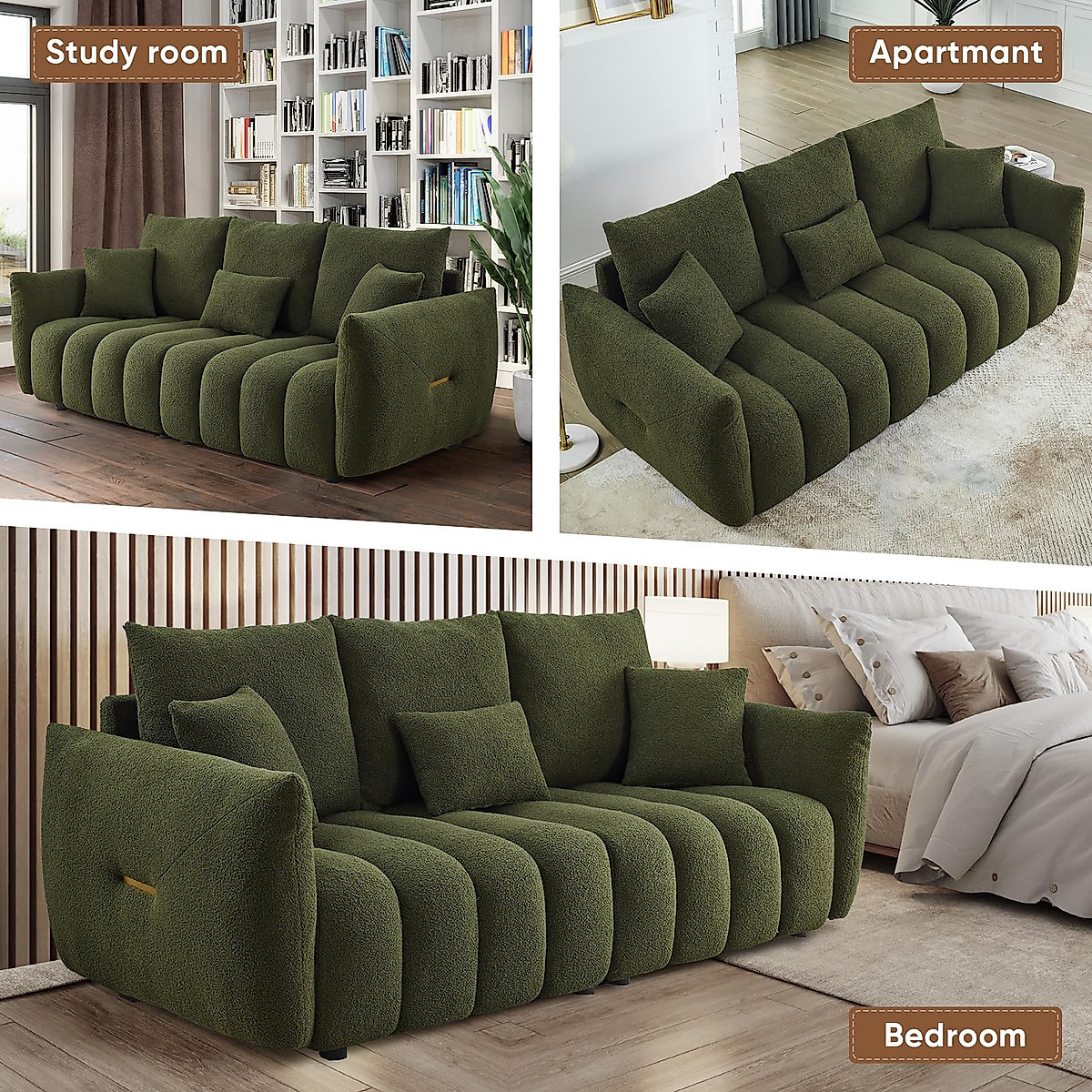 Antetek 82" Modern Sofa Couch, Comfy Deep Seat Teddy Cloud Sofa, Upholstered 3-Seater Boucle Couch, Oversized Loveseat for Living Room, Bedroom, Office, Apartment, Green