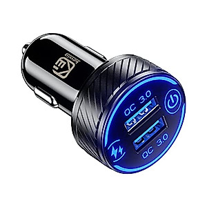 KEWIG Car Charger, 36W 3A Fast Car Charger Adapter, Dual QC3.0 USB Car Charger Fast Charge with Blue LED & ON/Off Switch