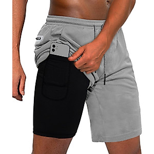 Mens Athletic Shorts, 2-in-1 Gym Workout Shorts for Men Mesh Quick Dry Yoga Training Running Shorts with Pockets,Grey,L