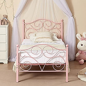 VECELO Twin Size Metal Bed Frame with Headboard and Footboard, Heavy Duty Steel Slat Support, Platform Mattress Foundation, No Box Spring Needed, Easy Assembly, Pink