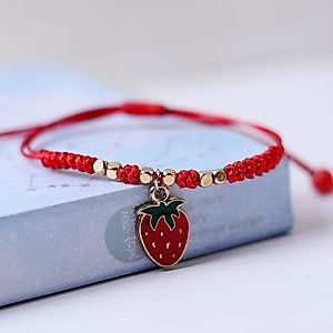 2Pcs Summer Fruit Strawberry Cherry Stretch String Bracelet Strawberry Cherry Beaded Charm Handmade Weave Red Rope Braided Adjustable Bracelet for Women Best Friends Friendship Jewelry Gift (2Pcs strawberry)