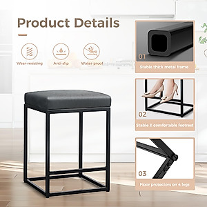 MAISON ARTS Black Counter Height 24" Bar Stools Set of 2 for Kitchen Counter Backless Modern Square Barstools Upholstered Faux Leather Stools Farmhouse Island Chairs,Support 330 LBS,(24 Inch,Black)