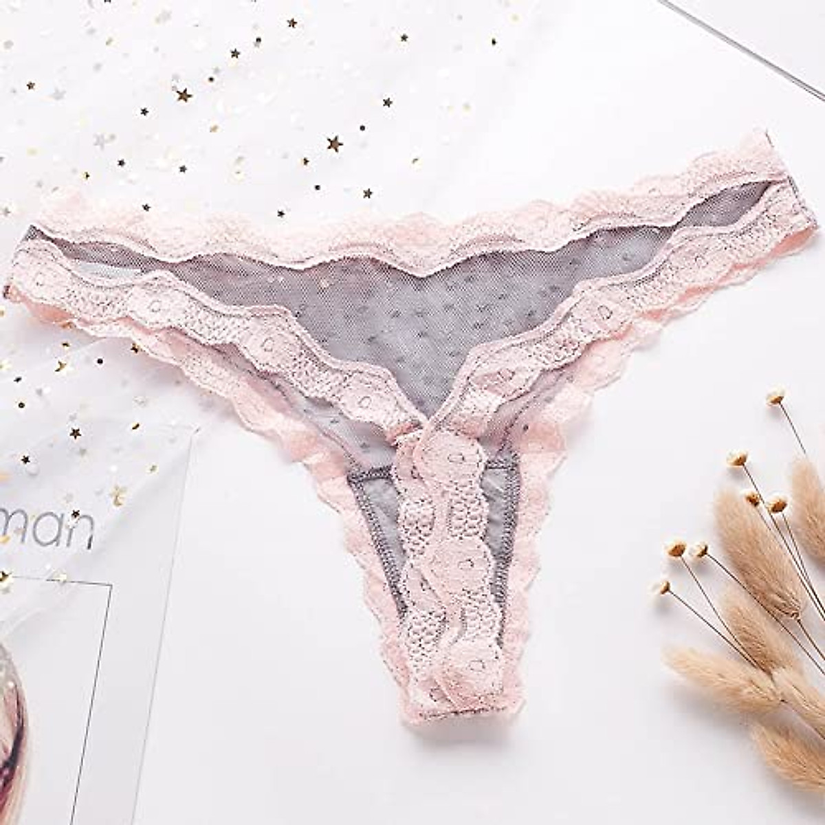 Kinple See Through Mesh Panty for Women Low Waist G-String Pantys Fashion Lace Wavy Edge Panties Trendy Elastic Underwear Gray