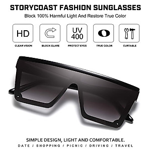 STORYCOAST Square Sunglasses for Women Men Fashion Big Frame Flat Top Sun Glasses Mirror Lens (Bright Black-Gradient Gray)
