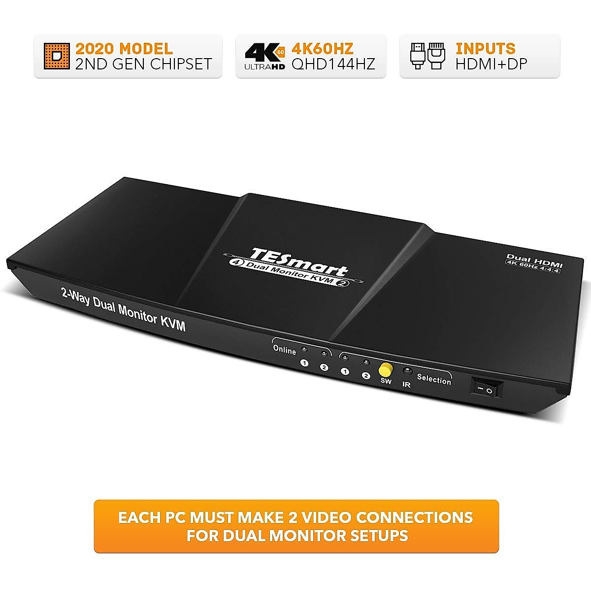 2-Port Dual Monitor KVM – HDMI + DisplayPort – 4K 60HZ – QHD 144HZ – Audio Output & USB Sharing – Multimedia & Gaming Keyboard Supported – HDK0402A1U