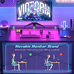 Besiost Gaming Desk with Lights, Reversible Computer Desk with Power Strips, 39.4 Inch Gaming Desk with Moveable Monitor Stand and Shelves, Small Desk for Small Spaces, PC Gaming Desk for Home, Black