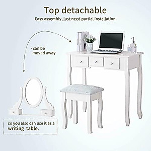 WINVOX White Vanity Dressing Table Set with Mirror Stool 5 Drawers Makeup Desk Bedroom ZLYCFCDUS