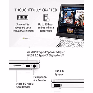 HP Chromebook 11.6" HD Light and Slim Laptop, MediaTek MT8183 8-Core Processor, 4GB Memory, 32GB eMMC, Card Reader, Webcam, Wi-Fi, Chrome OS, White, 2-Week IFT Support