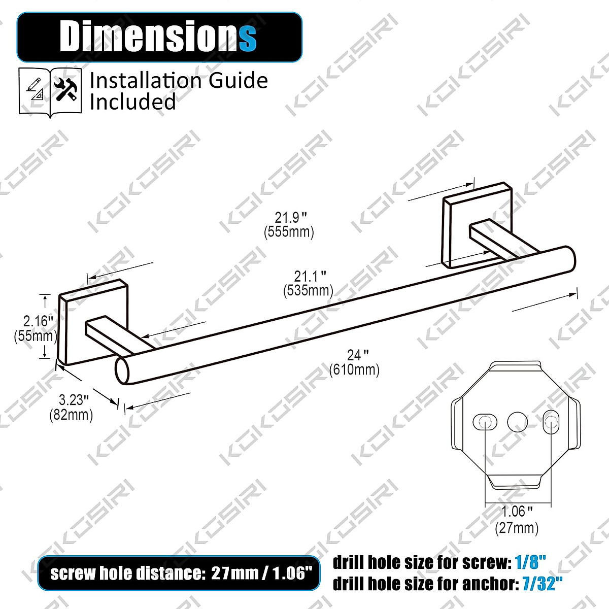 KOKOSIRI Towel Rails Bathroom Towel Bars Matte Black 24 Inch Bath Towel Holder for Cabinet Kitchen Wall Stainless Steel B4005BK-L24