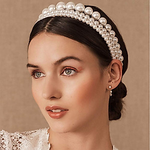 Aimimer Bridal Pearl Headband 3 Pcs Vintage Large Pearl Tiara Crown Ivory Simulated Pearl Hair Hoop for Wedding Prom Party Hair Jewelry for Women and Girls