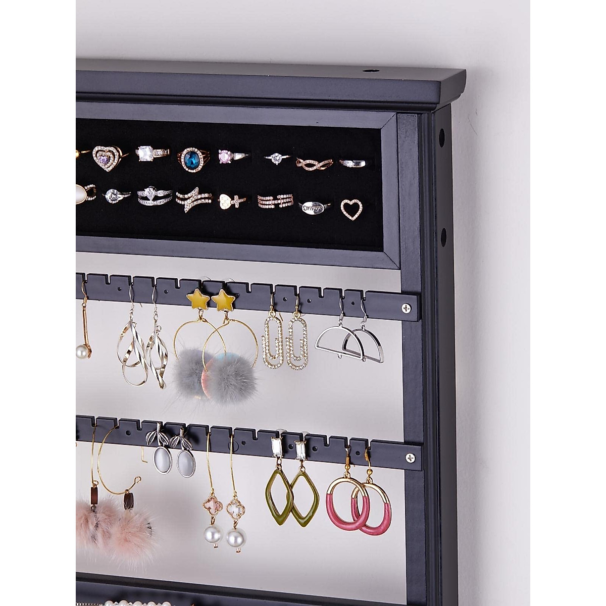 LUXFURNI Jewelry Organizer Holder Wall Mount Door Hanging Jewlery Storage, Display for Necklaces Bracelet Earrings Ring with wood tray(Black)